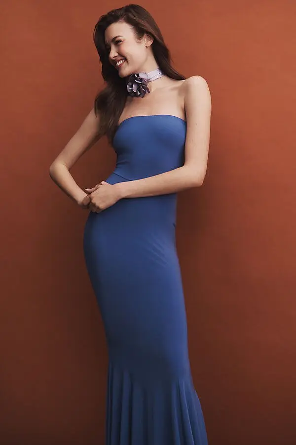fitted lace wedding dress Ceremony | Large Blue Floral Print Bandeau Fishtail Maxi Dress main image 0