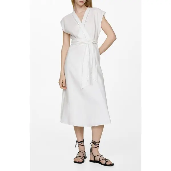 Mango Nanda Tie Waist Linen Dress - White | Editorialist