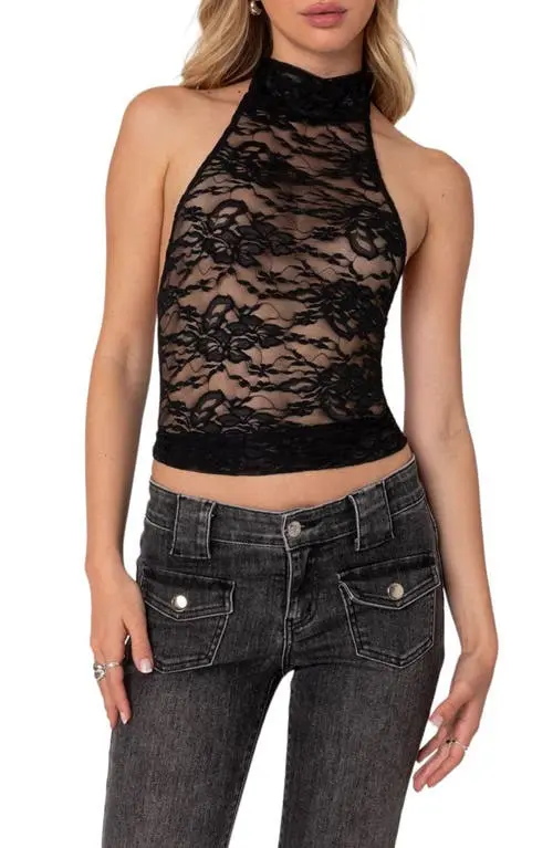 EDIKTED Alena Sheer Lace Halter Top - Black