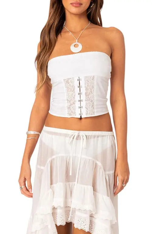 EDIKTED Lacey Strapless Cotton Corset Top - White