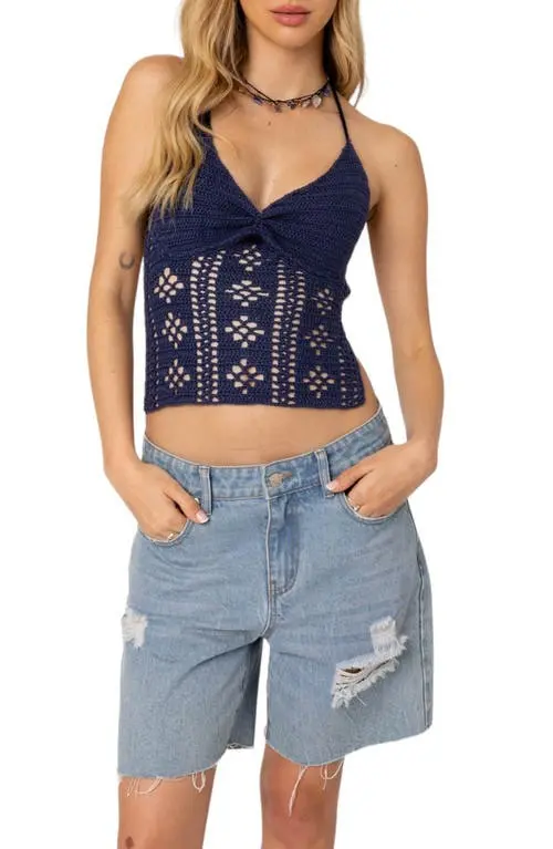 EDIKTED Jada Open Back Crochet Crop Top - Navy