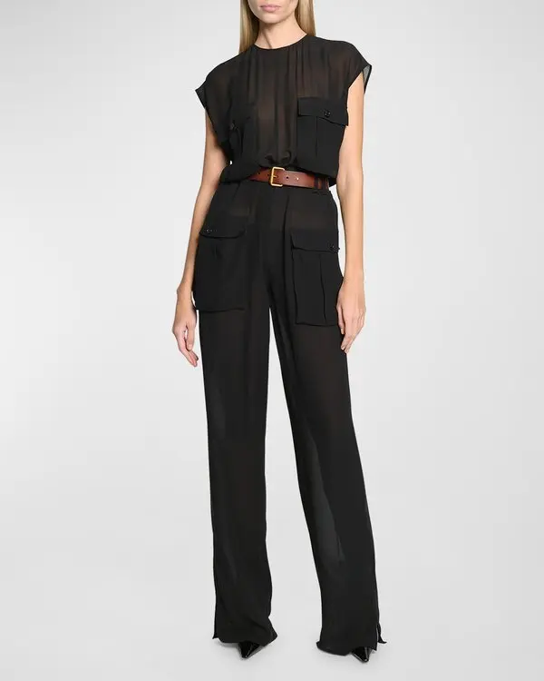 Saint Laurent Sleeveless Belted Silk Chiffon Combinaison Utility Jumpsuit