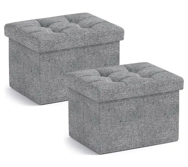 ORNAVO HOME 2 Pk Small Foldable Tufted Linen St Orage Ottoman