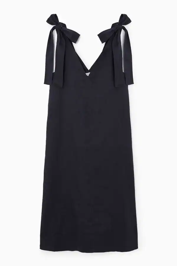 Cos Bow-Detail Linen Midi Dress In Blue - 50% Off | Editorialist