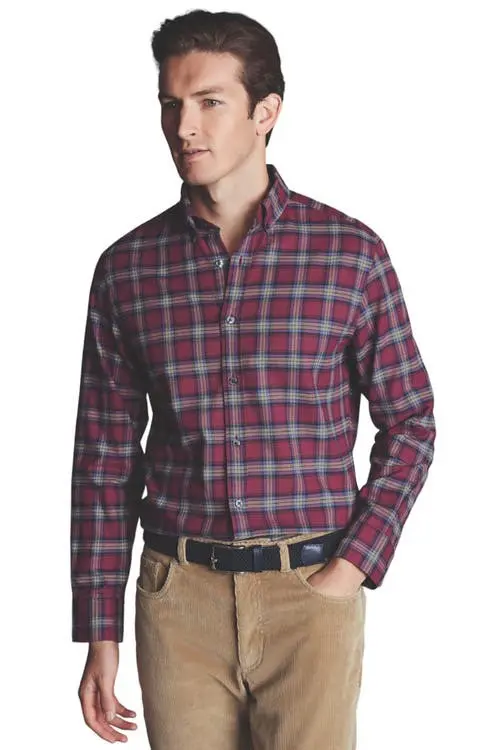 CHARLES TYRWHITT Slim Fit Button-down Collar Brushed Flannel Check Shirt - Dark Red