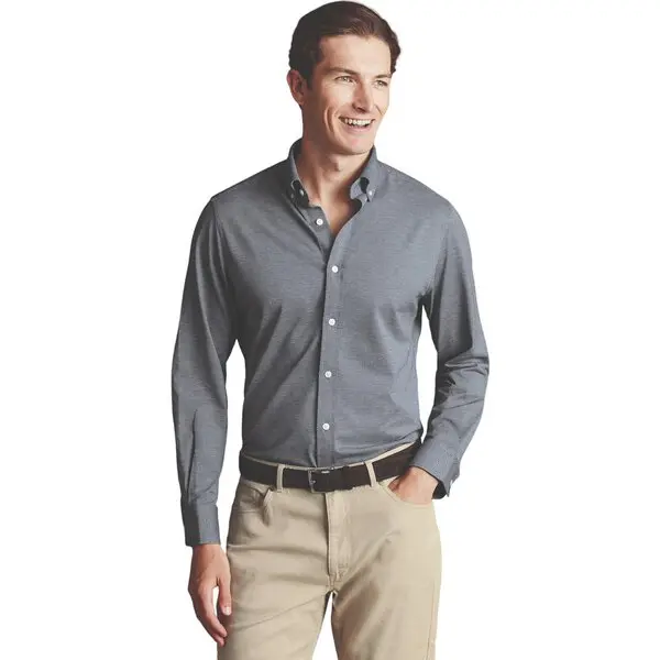 CHARLES TYRWHITT Four-way Stretch Button Down Jersey Shirt - Flint Grey