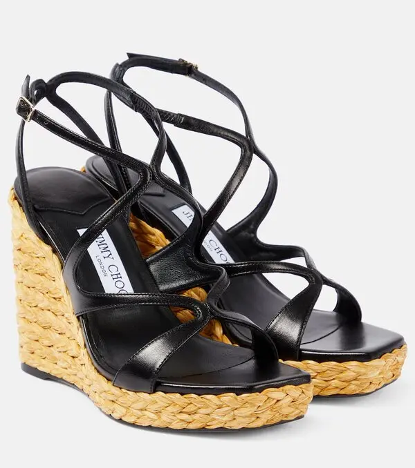 JIMMY CHOO Ayla 110 Leather Espadrille Wedges - Black