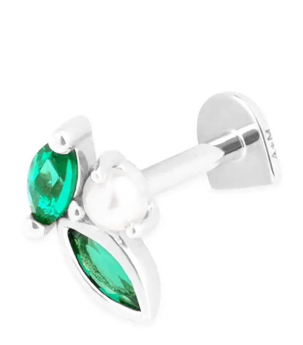 ASTRID & MIYU White Gold, Emerald And Mother-of-pearl Single Stud Earring - Silver