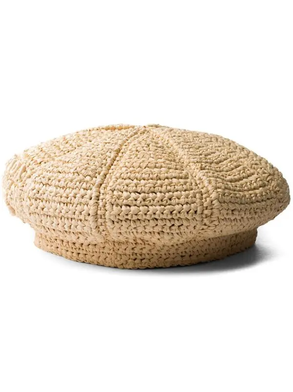 Prada Logo-appliqué Raffia Beret - Neutrals