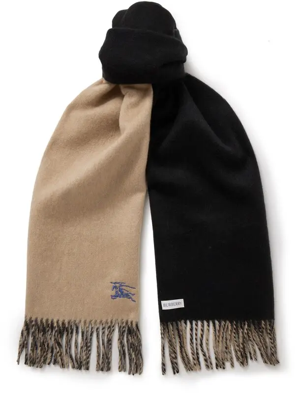 Burberry Reversible Logo-Embroidered Fringed Cashmere Scarf