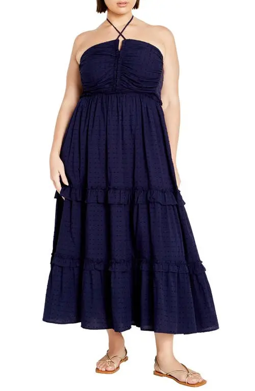 City Chic Ivy Clip Dot Tiered Halter Dress In Navy - 64% Off | Editorialist