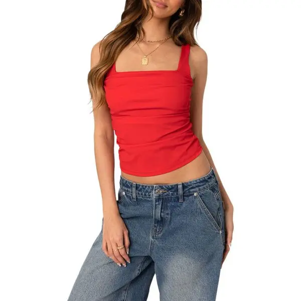 EDIKTED Rio Ruched Square Neck Tank Top - Red