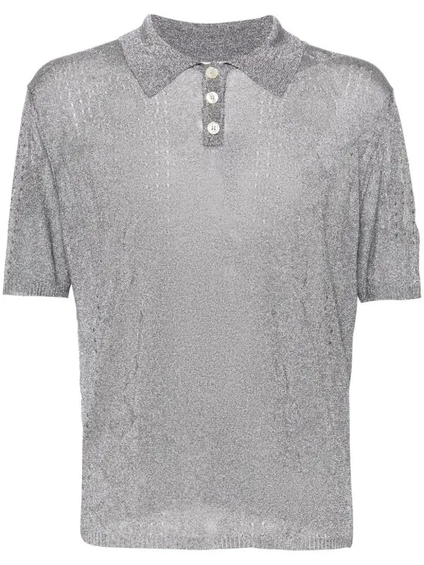 Marine Serre Metallic Pointelle-Knit Polo Shirt In Silver