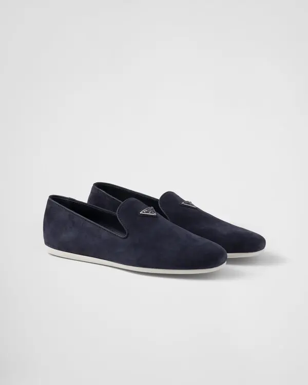 Prada Navy Suede Slip-On Loafers Prada logo-plaque Suede Loafers | Blue | FARFETCH main image 3