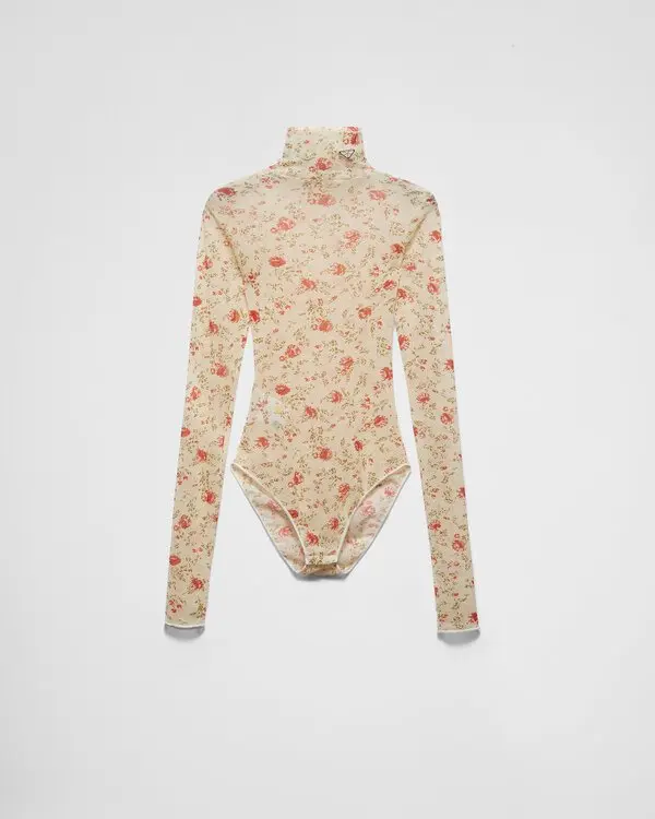 Prada Printed Stretch Tulle Bodysuit - Red