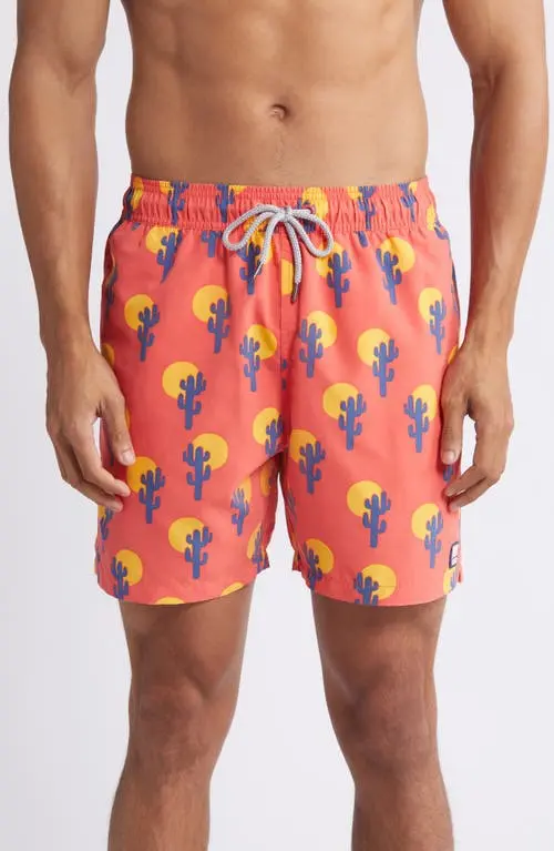 TOM & TEDDY Cactus Print Performance Swim Trunks - Deep Rose