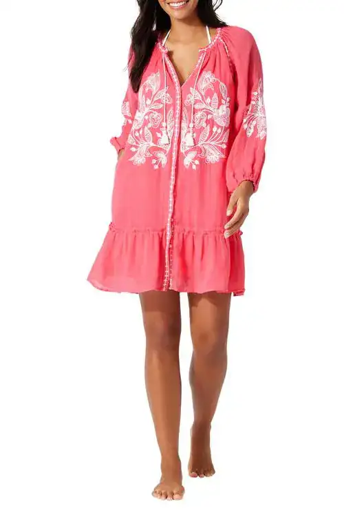 Tommy Bahama Long Sleeve Embroidered Linen Gauze Cover-Up Dress - Coral  Coast | Editorialist