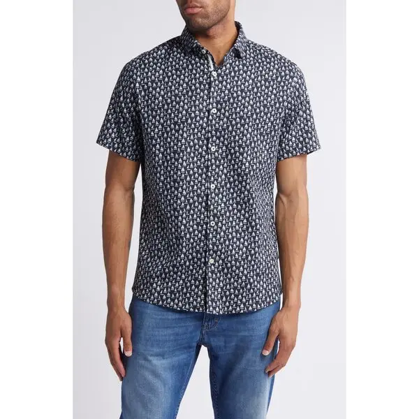 Stone Rose Sailboat Print Short Sleeve Stretch Cotton & Lyocell Button-up Shirt