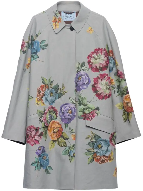 Prada Floral-print Single-breasted Coat - Grey