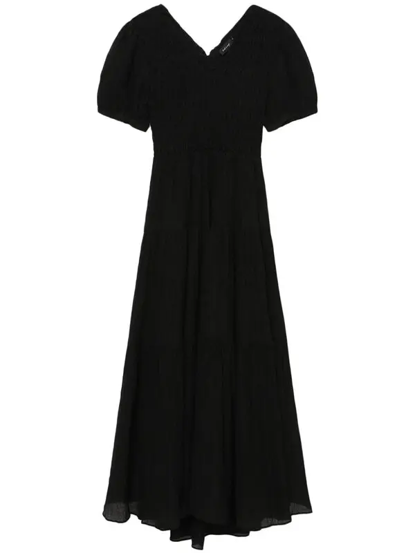 TOUT A COUP Puff-sleeves Smocked Midi Dress - Black