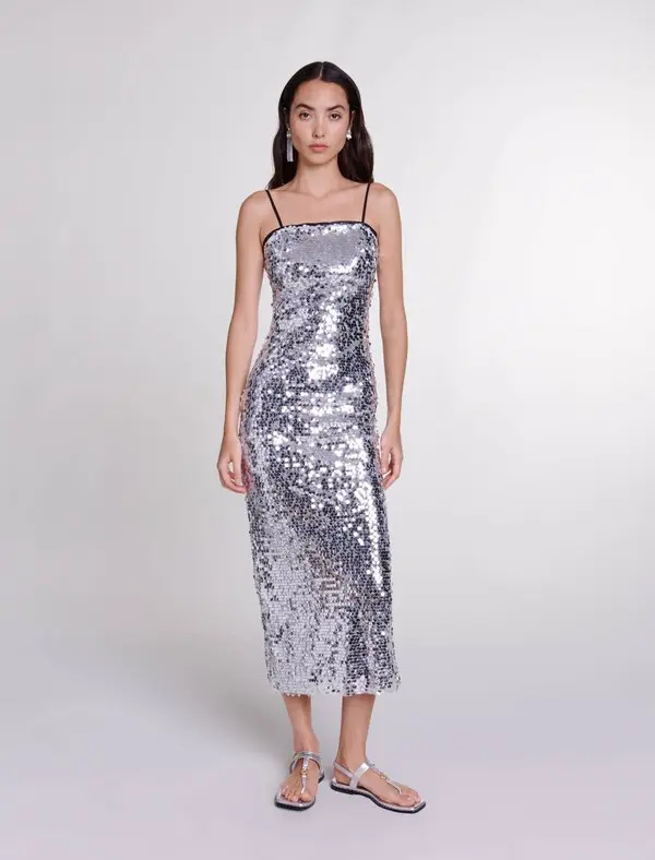 maje silver sequin dress Maje Sequin Maxi Dress In Silver - 40% Off
