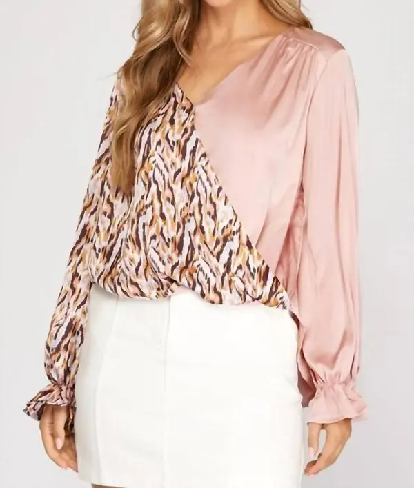 Buy SHE + SKY Split Satin Top In Blush/multi - Pink At 29% Off ...