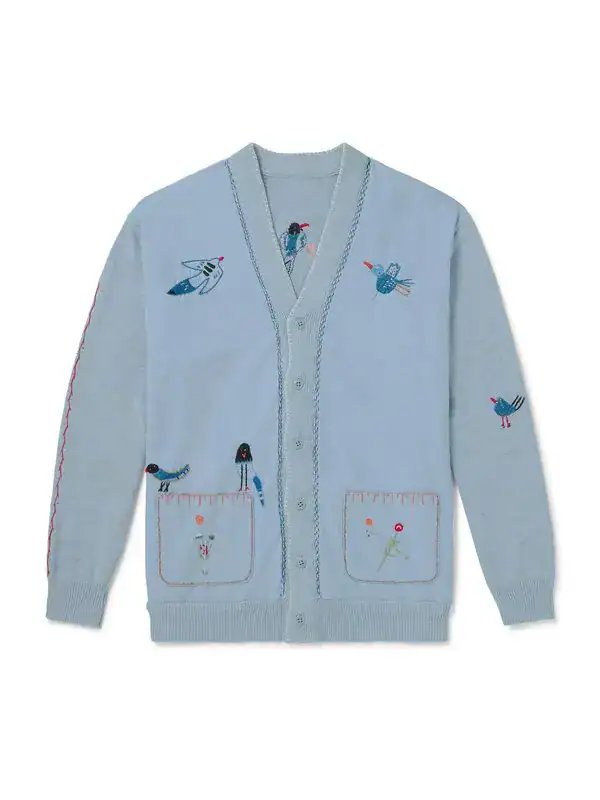 Kapital Magpie Embroidered Chambray-Trimmed Cotton Cardigan 3 