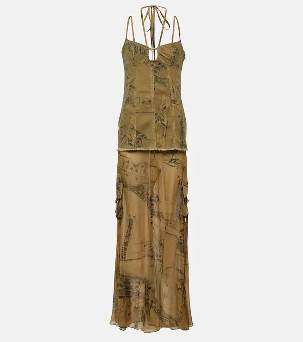 Blumarine Printed Denim-trimmed Gown