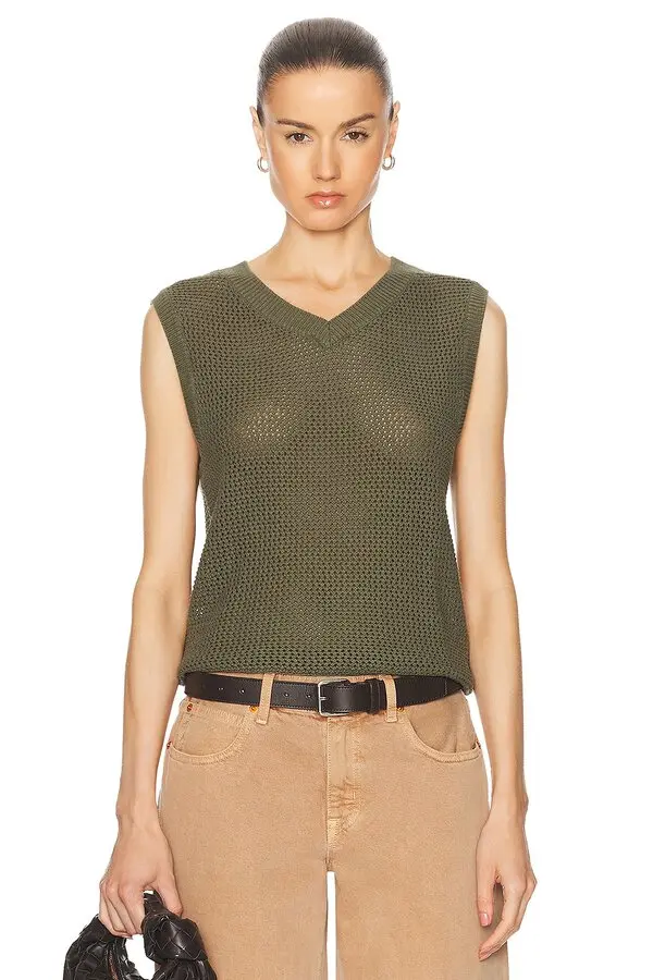 WAO Open Knit V-neck Vest - Olive