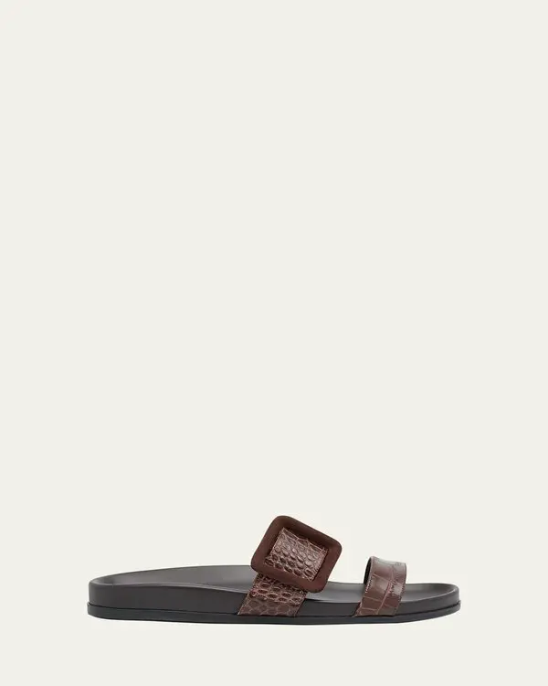 Manolo Blahnik Mayfu Fussbett Croco Slide Sandals - Dark Brown