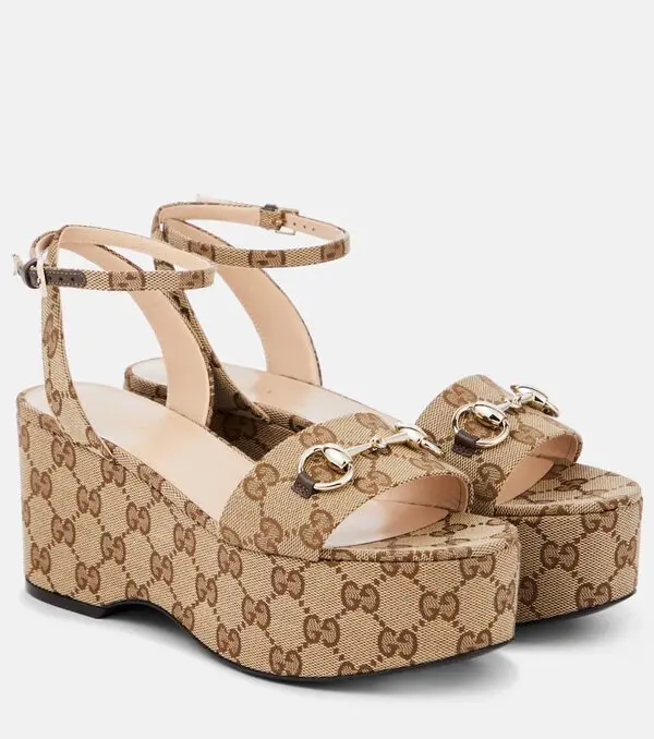 Gucci Horsebit Gg Canvas Platform Sandals - Beige