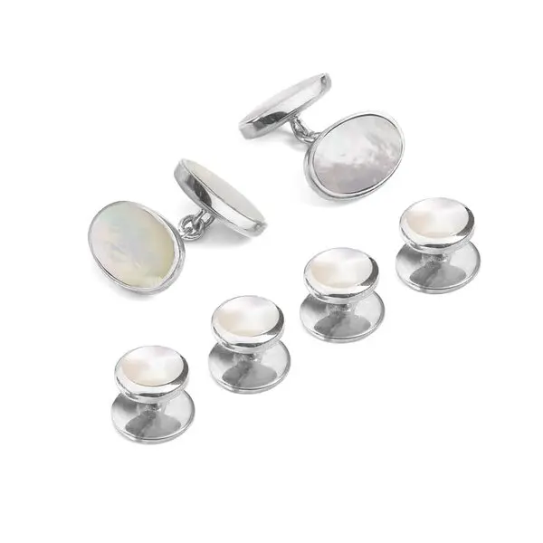 ASPINAL OF LONDON 9ct Gold, Mother Of Pearl & Diamond Oval Cufflinks & Dress Shirt Studs Set - Silver