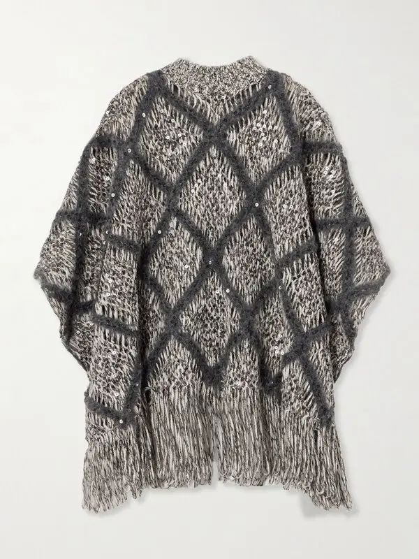 Brunello Cucinelli Fringed Sequin-embellished Argyle Open-knit Turtleneck Sweater