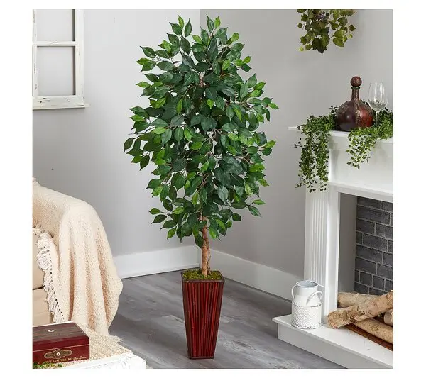 NEARLY NATURAL 5' Ficus Artificial Tree In Bamb Oo Planter