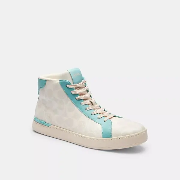 Buy COACH OUTLET Clip High Top Sneaker In Signature Canvas - Blue At 43 ...