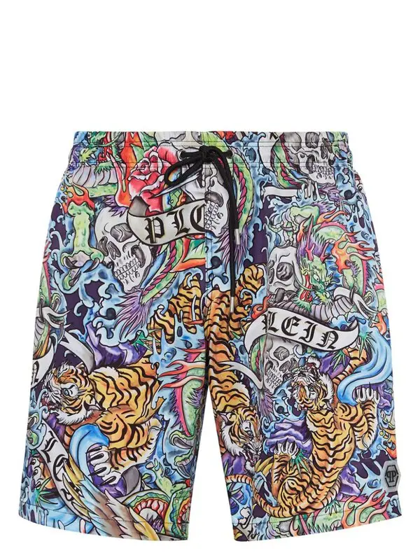 Philipp Plein Tattoo-print Drawstring Swim Shorts - Blue
