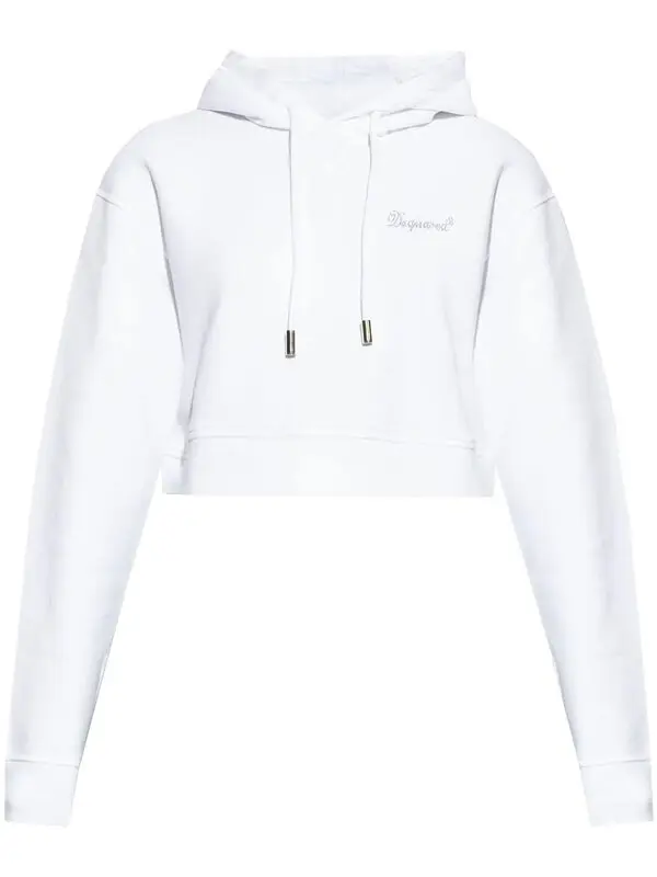 Dsquared2 Rhinestone Logo Cropped Hoodie - White