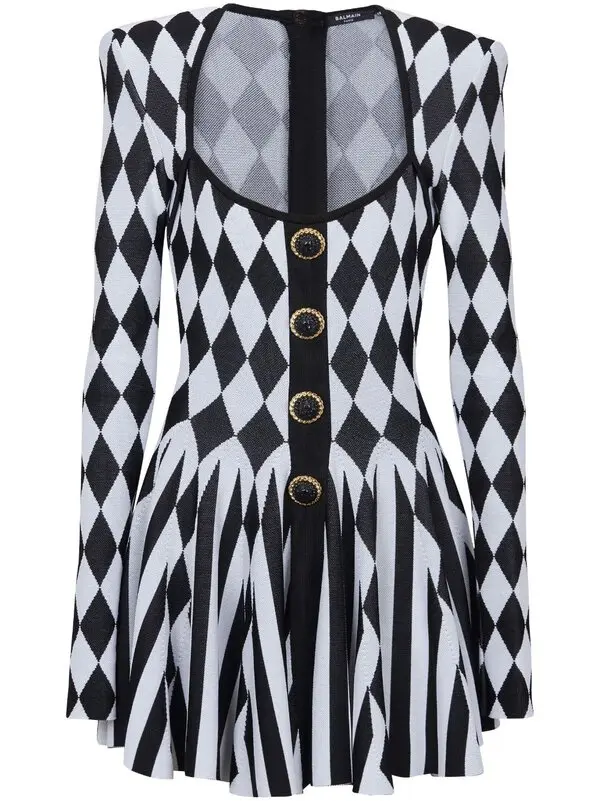 Balmain Diamond-intarsia Knitted Mini Dress