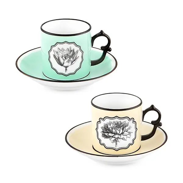VISTA ALEGRE Herbariae Christian Lacroix Set 2 Coffee Cups And Saucer Yellow And Green