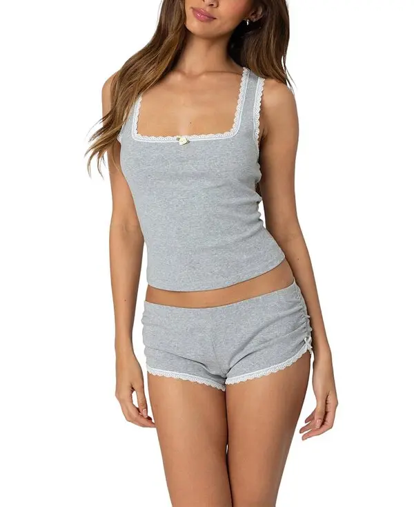 EDIKTED Kadence Lace Trim Tank Top - Gray Melange