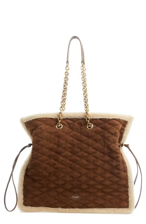 Saint Laurent Le Pouchon Shearling Trim Shoulder Bag - Dark Cigar/ Natural Beige