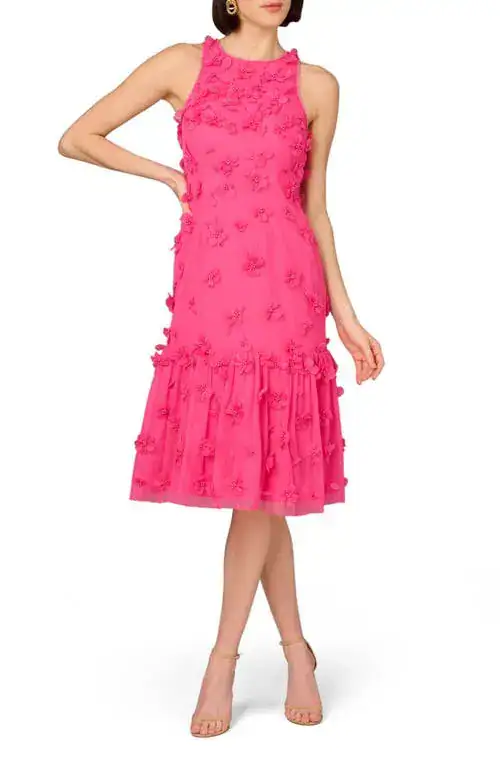 Adrianna Papell Beaded Floral Appliqu Midi Cocktail Dress - Electric Pink  | Editorialist