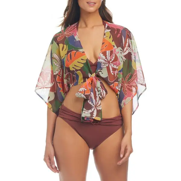 ROD BEATTIE Island Life Tie Front Cover-up Shirt - Brown Multi