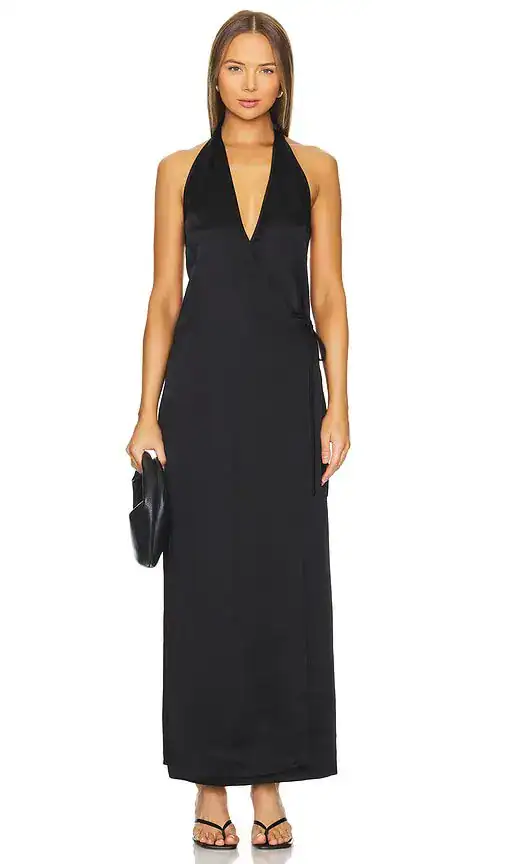 halter backless white dress White Backless Halter Maxi Dress | Deep Plunge Cowl Neck Formal Gown |  Satin Wedding Guest & Evening Wear main image 0