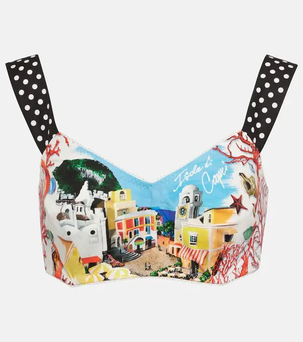Dolce & Gabbana Capri Polka-dot Printed Cotton Bra Top