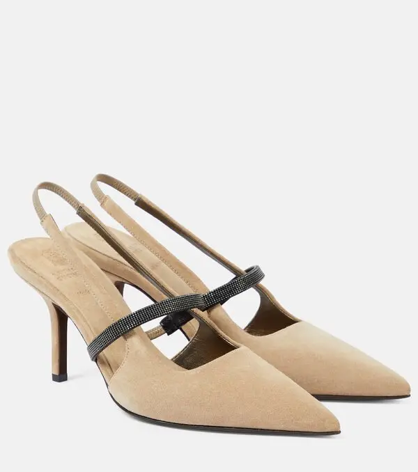 Brunello Cucinelli Monili Suede Slingback Pumps - Brown