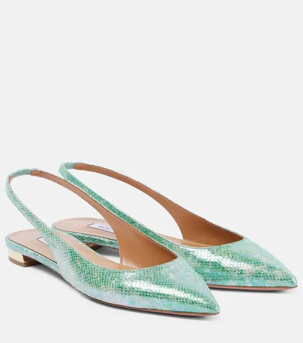 AQUAZZURA Purist Snake-effect Slingback Flats - Green