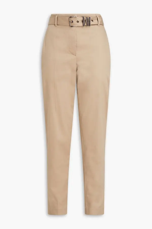Brunello Cucinelli Bead-embellished Belted Cotton-blend Twill Tapered Pants