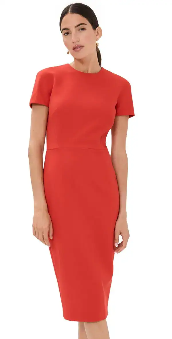 Victoria Beckham Fitted Midi T-Shirt Dress Bright Red 50% Off