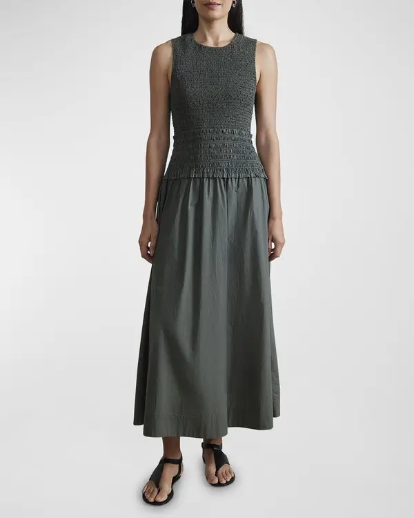 Apiece Apart Siempre Smocked Organic Cotton Maxi Dress In Thyme |  Editorialist
